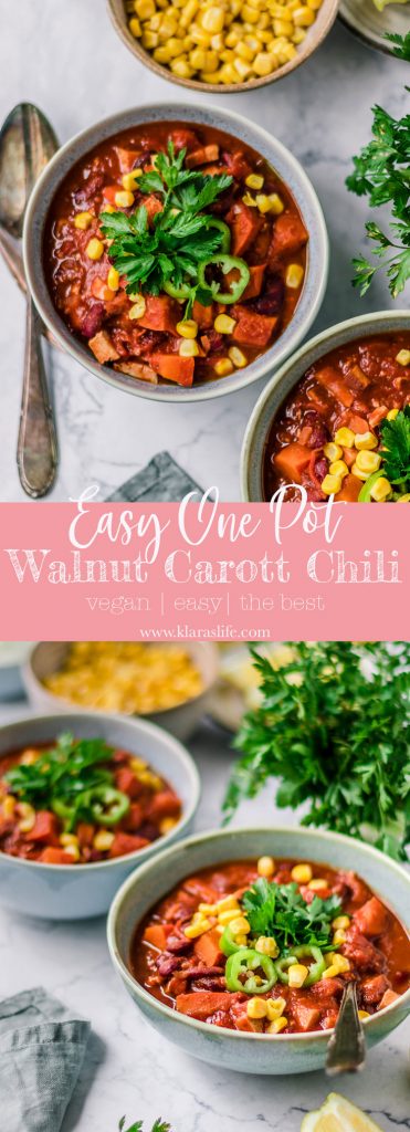 walnut carrot chili with beans and dark chocolate | vegan - Klara`s Life